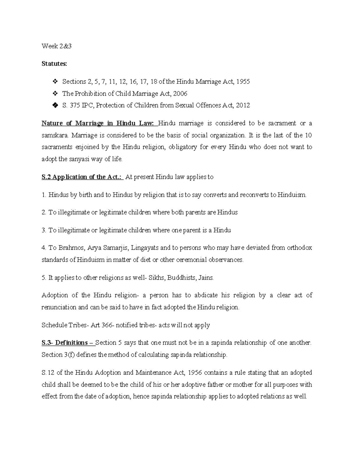 Hindu Marriage Act & Related Statutes: Week 2 Notes - Studocu