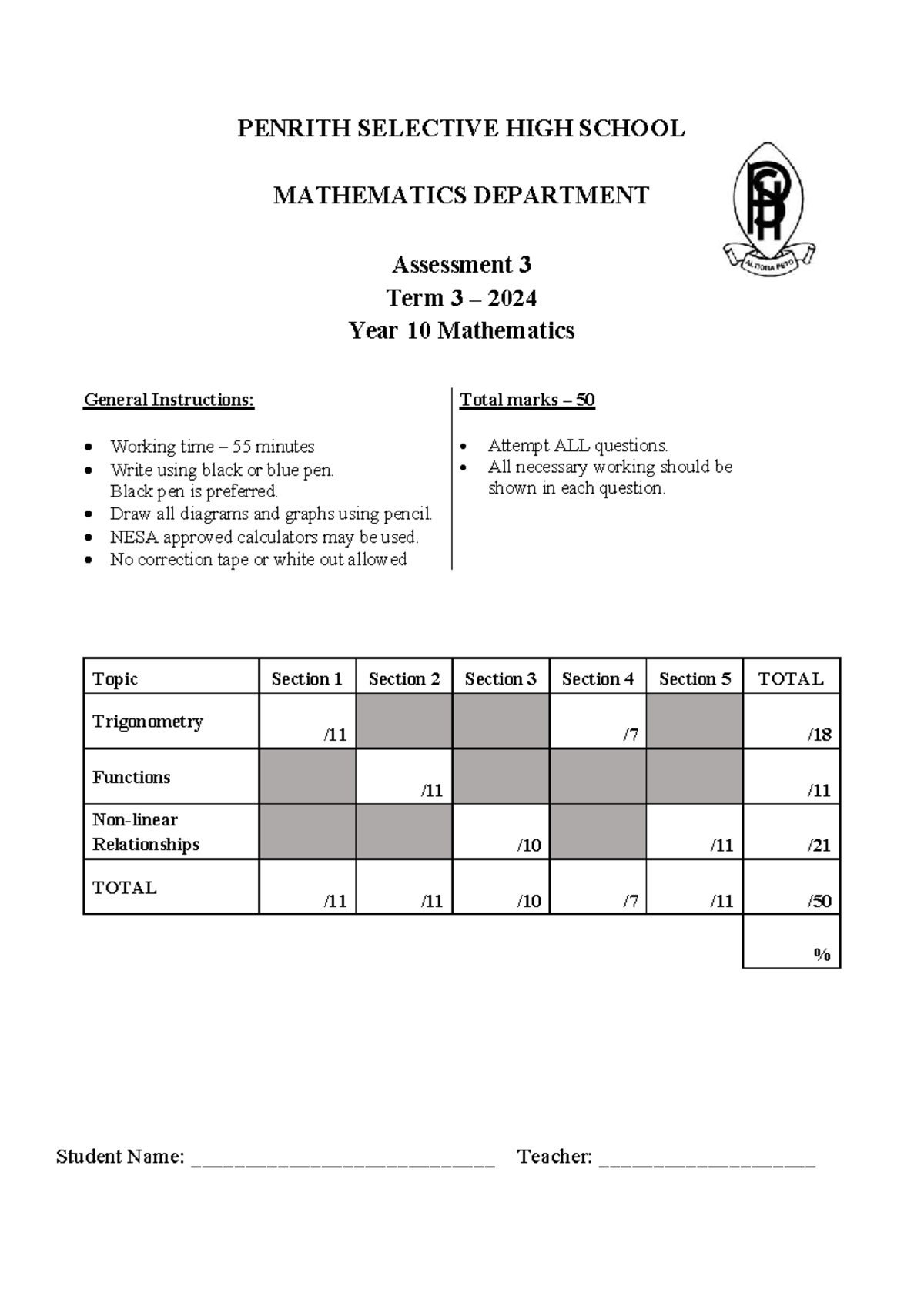 2024 Year 10 Mathematics Assessment 3 - Trigonometry & Functions - Studocu