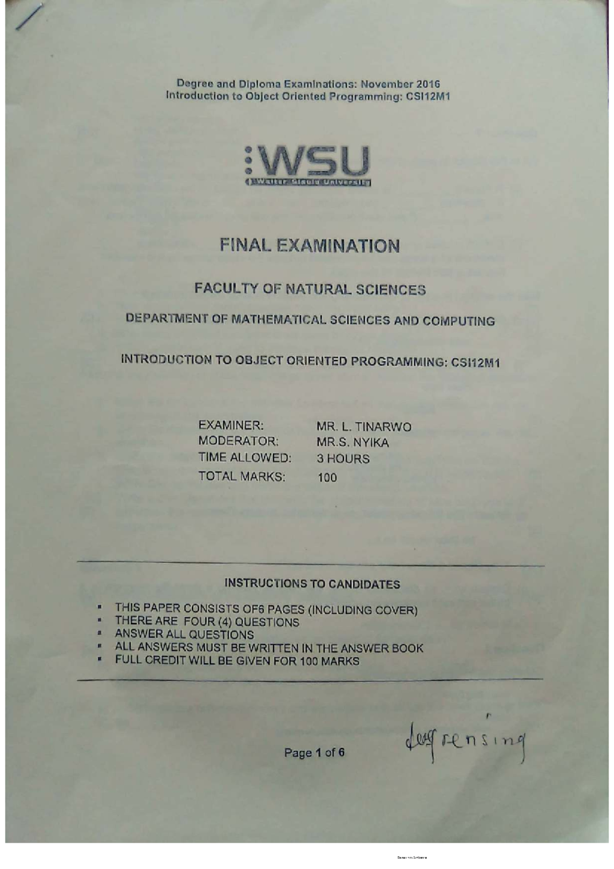 OOP Past Exam Papers: CSI1201 & CSI112V (2014-2016) - Studocu