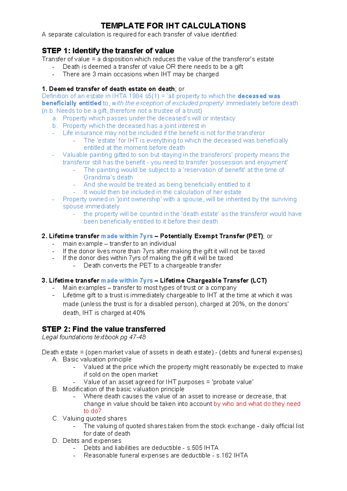 Summary sheet for IHT,CGT, instualment(non) and income tax - Studocu