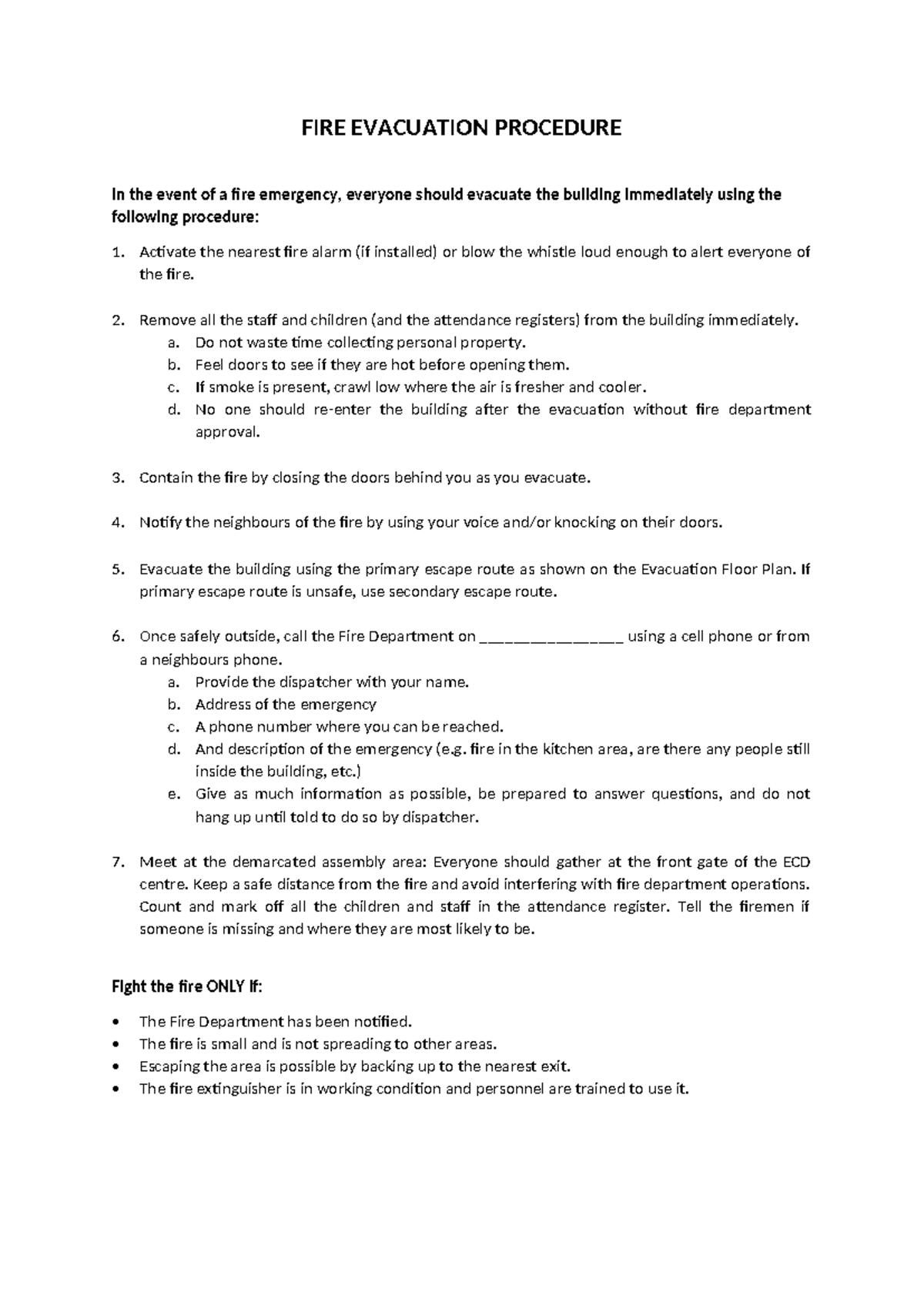 FIRE EVACUATION PROCEDURE: Emergency Plan for ECD Centre - Studocu