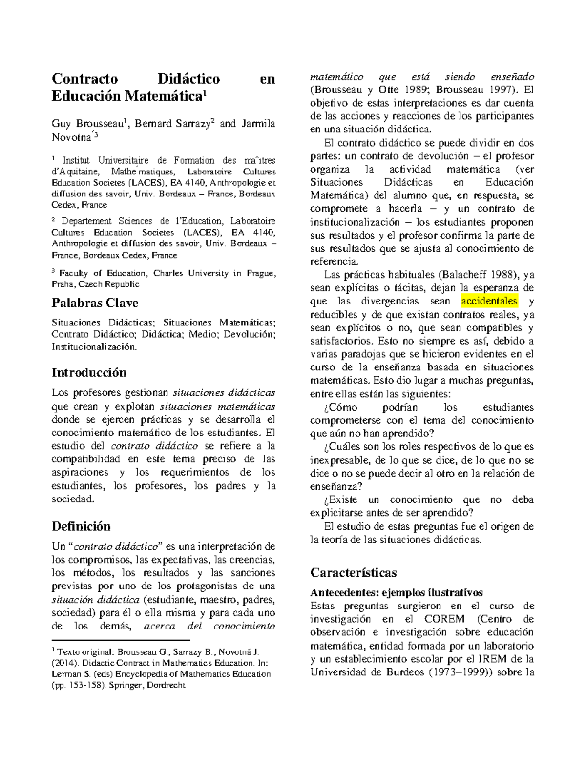 Contrato Didáctico en Educación Matemática - Brousseau y Traducción ...