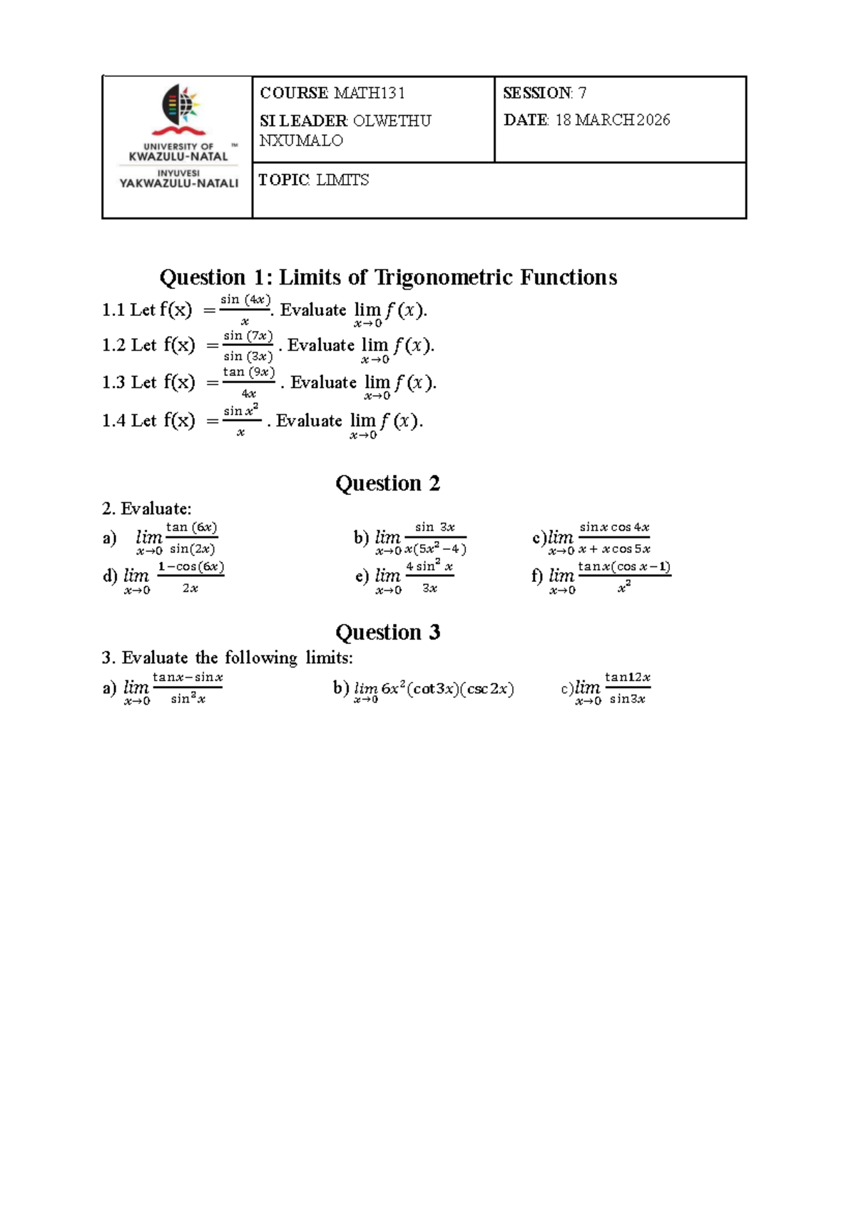 MATH131 Limits Worksheet 7 - Trigonometric Functions Evaluation - Studocu