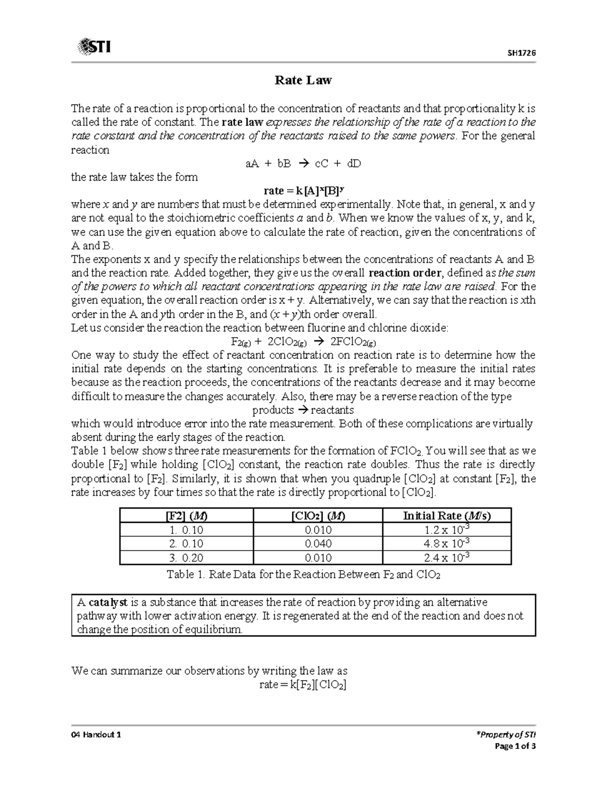 SH1726 Rate Law: Understanding Reaction Rates and Orders - Studocu
