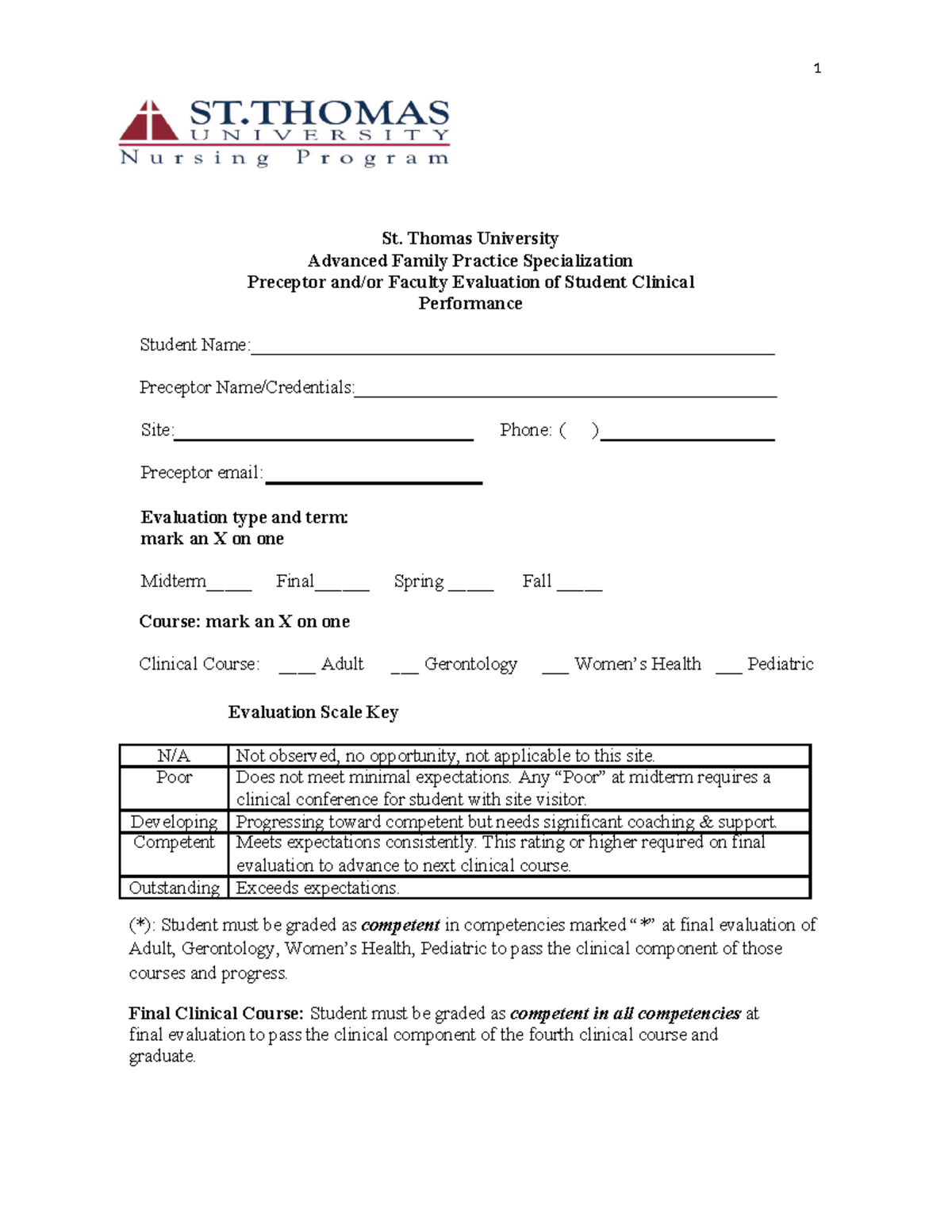 STU FNP Preceptor Evaluation of Student Clinical Performance - Studocu