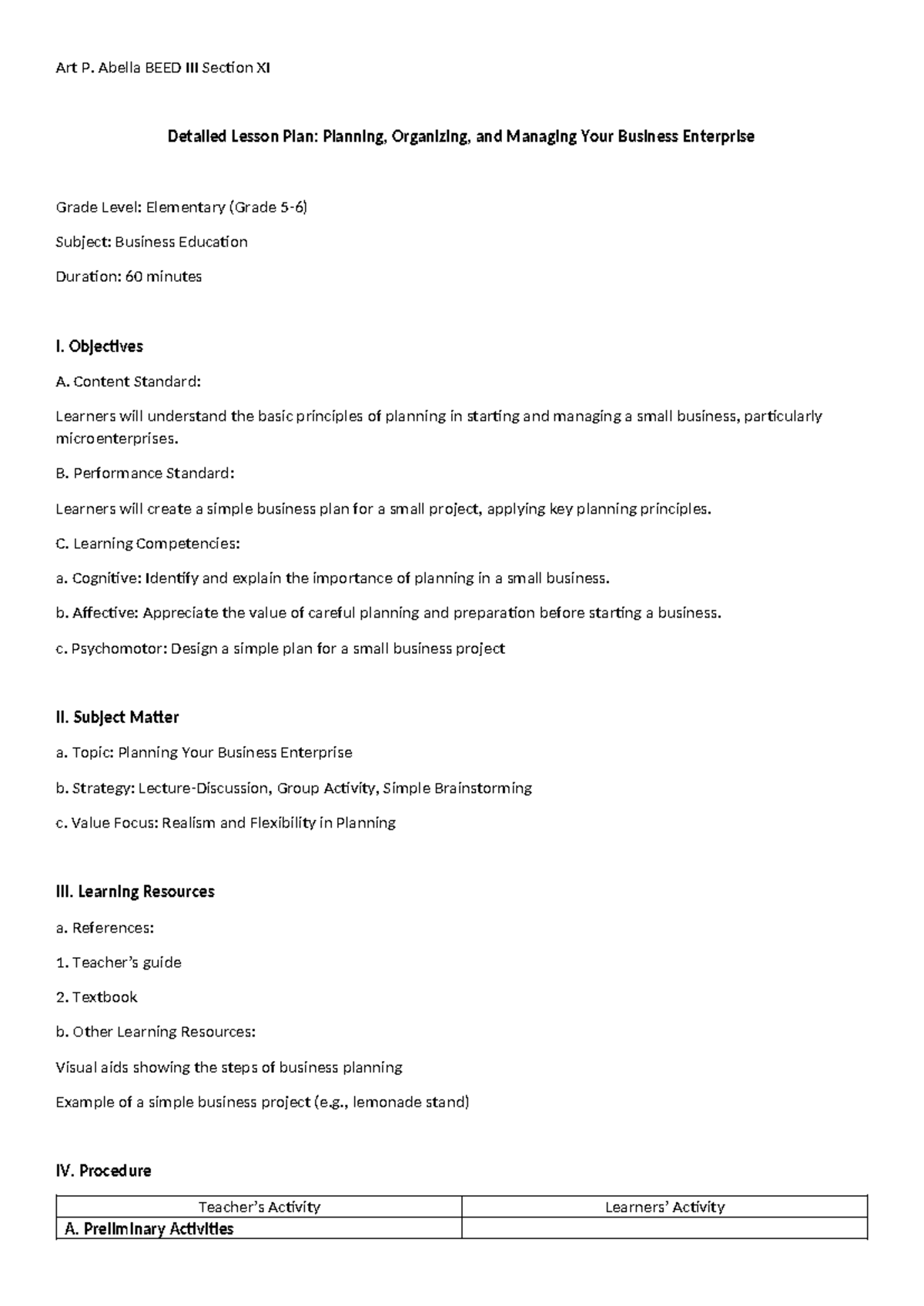 Entrepreneurship LP - Planning a Business Enterprise Lesson Plan - Studocu