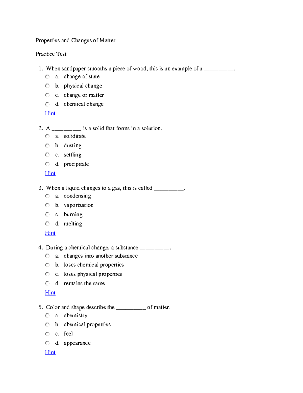 Properties and Changes of Matter - Properties and Changes of Matter ...