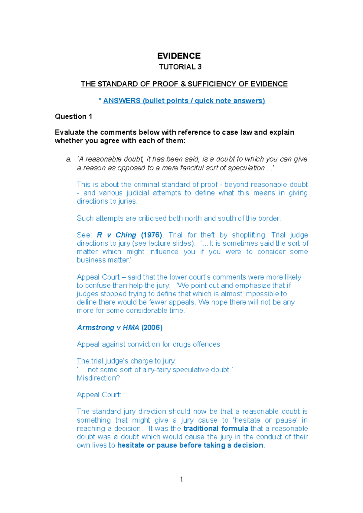 Evidence Tutorial 3 Answers: Standard of Proof & Sufficiency - Studocu