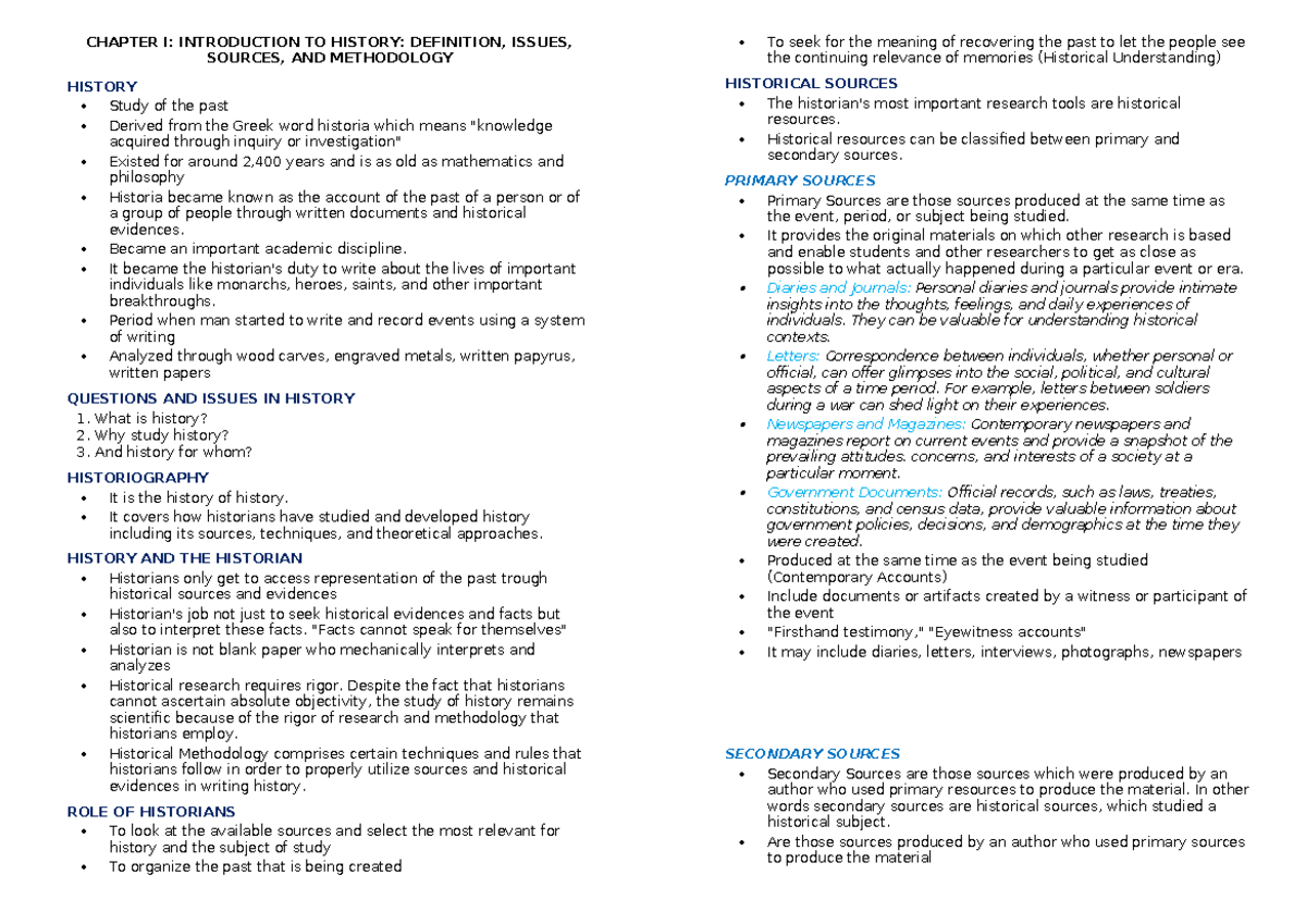 HIST 101: Chapter I - Introduction to History: Definition, Issues, and ...