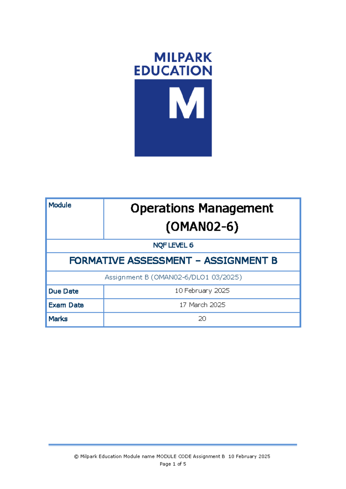 Z Assignment B OMAN02-6 DLO1 03 2025 BBA - © Milpark Education Module ...