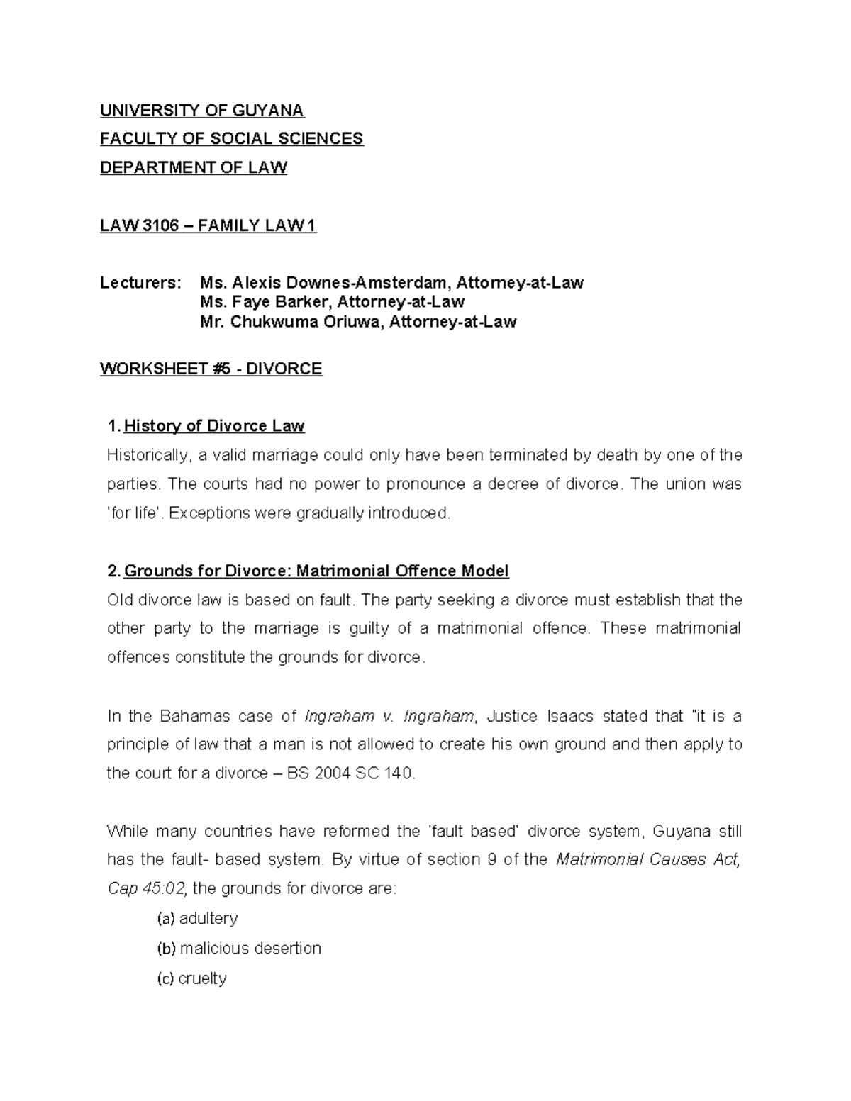 LAW 3106 - Family Law 1 Worksheet 5: Understanding Divorce Laws - Studocu