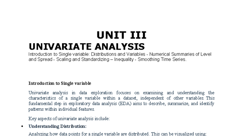 Unit 3 - Univariate Analysis: Distributions, Summaries & Techniques ...