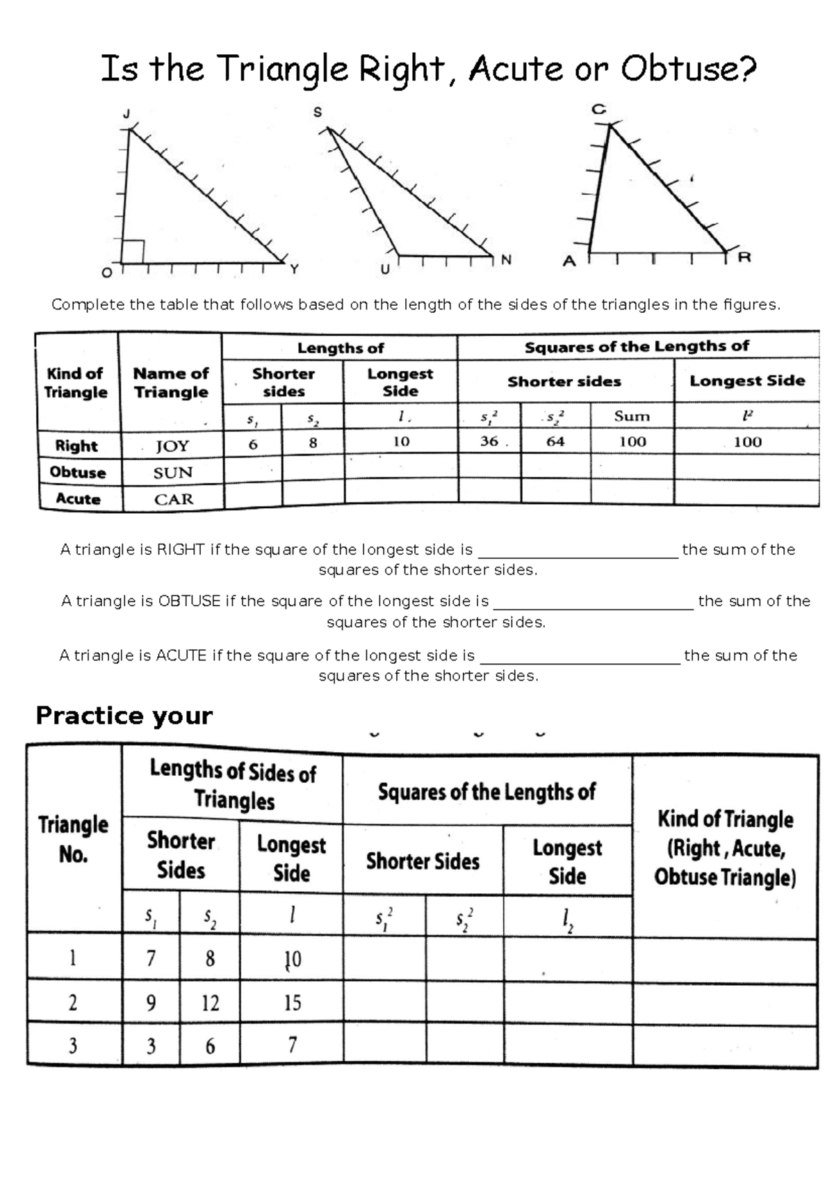 7)acute,right,obtuse - Is the Triangle Right, Acute or Obtuse? Complete ...