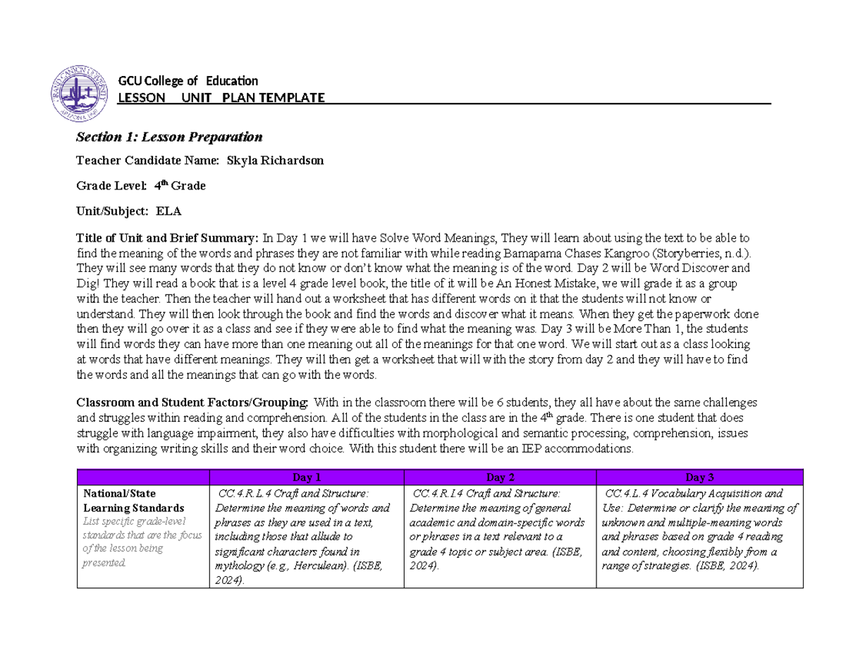 3-Day ELA Lesson Plan Template for 4th Grade Word Meanings - Studocu