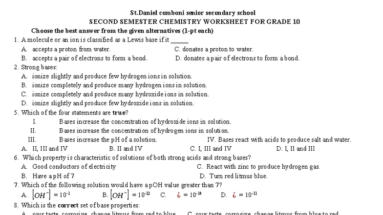 Grade 10 Chemistry Second Semester Worksheet (Unit 3) - Studocu