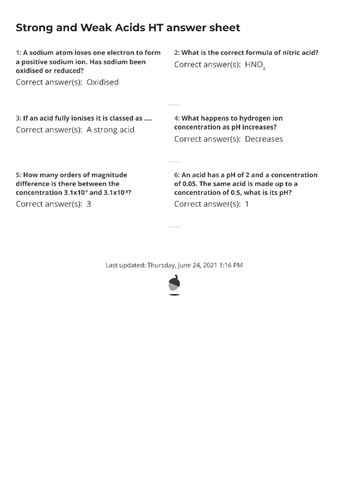 Strong and Weak Acids Exit Quiz Answers - Strong and Weak Acids HT ...