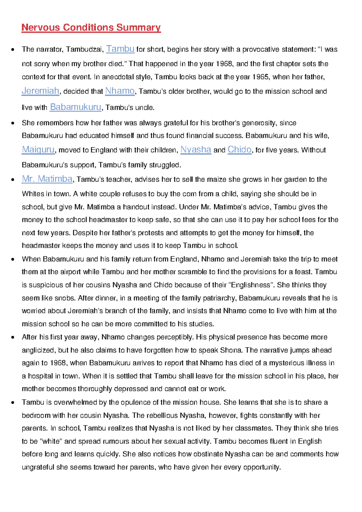 Nervous Conditions Analysis: Summary and Themes Overview - Studocu