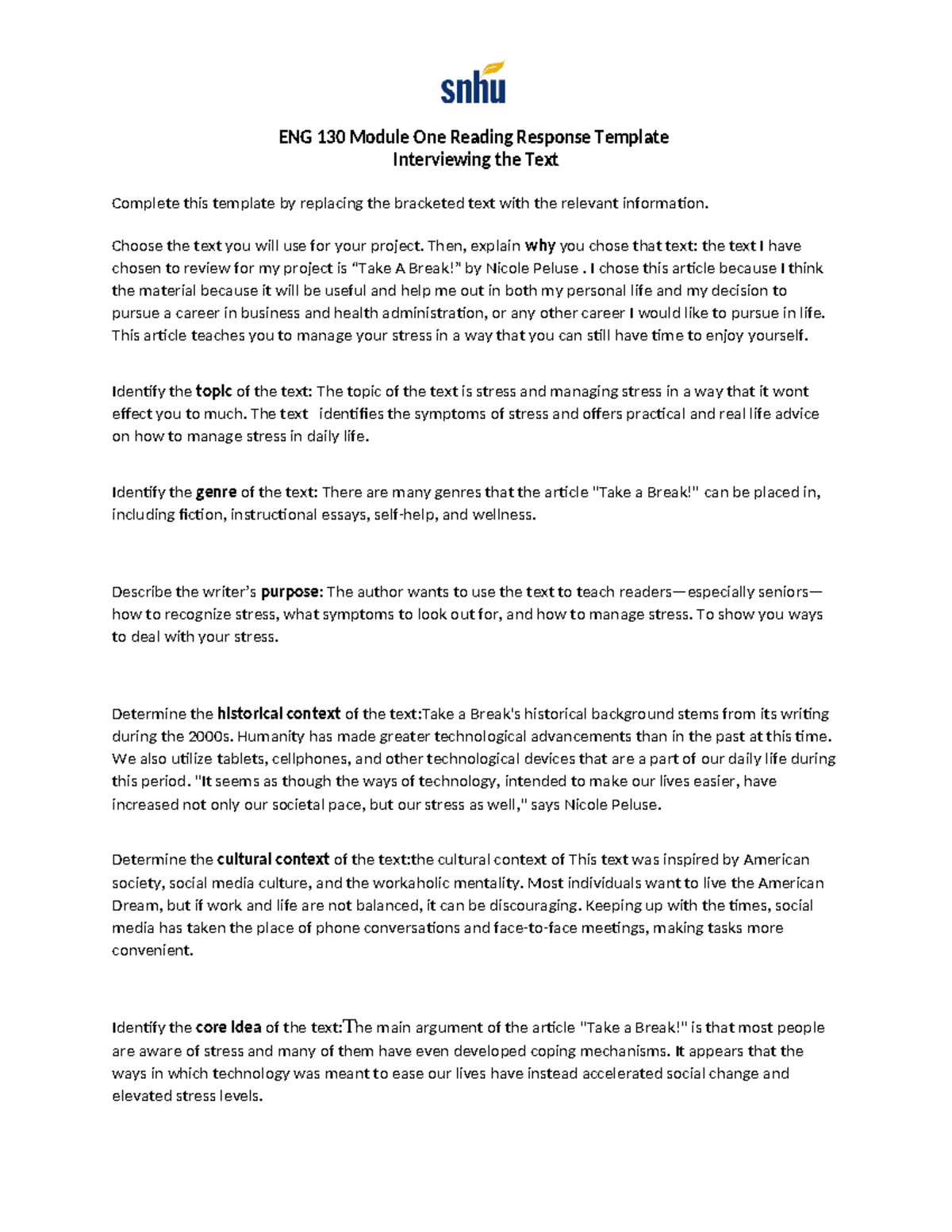ENG 130 Module One Reading Response: Stress Management Insights - Studocu
