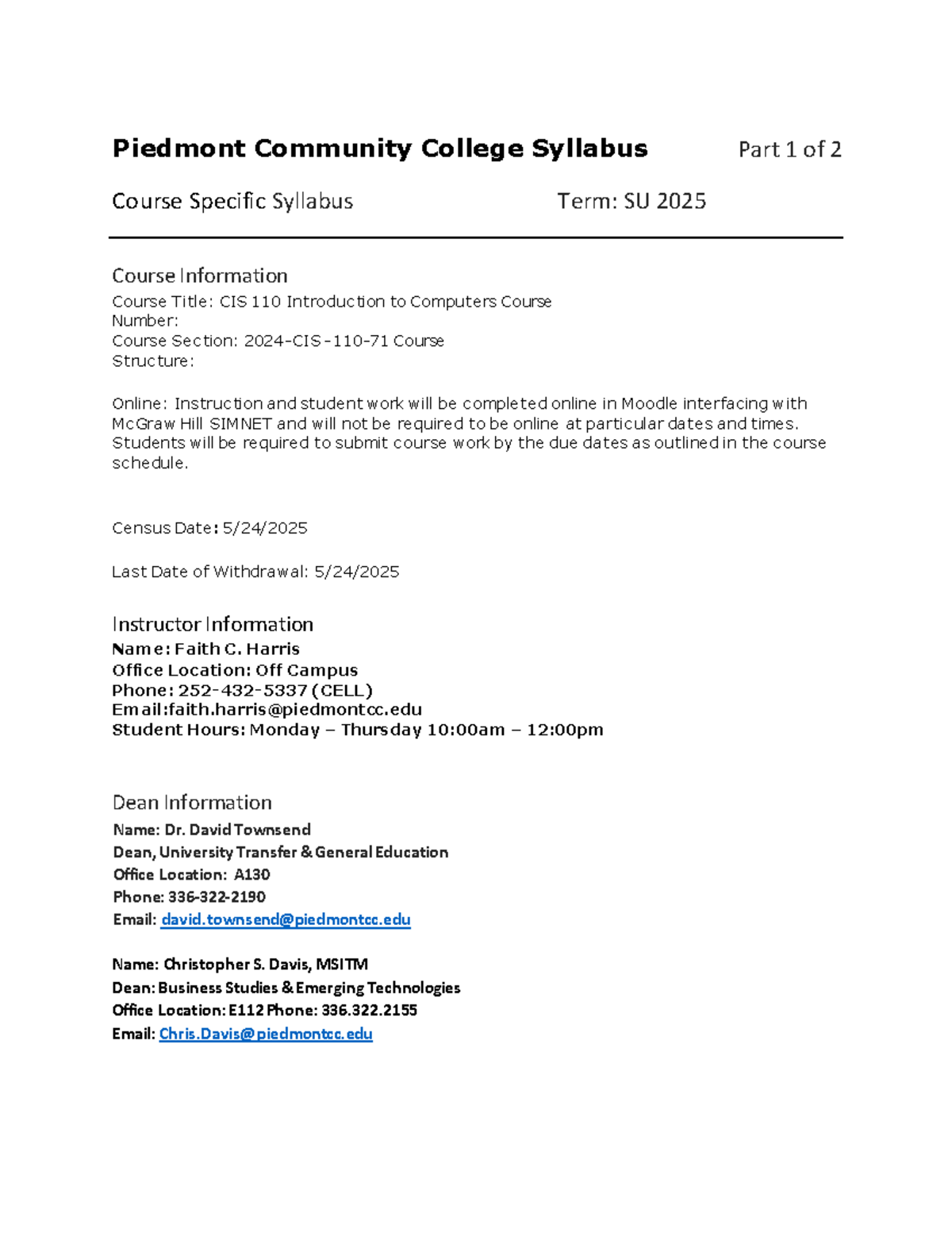 Syllabus for CIS 110: Introduction to Computers - Summer 2025 (Part 1 ...