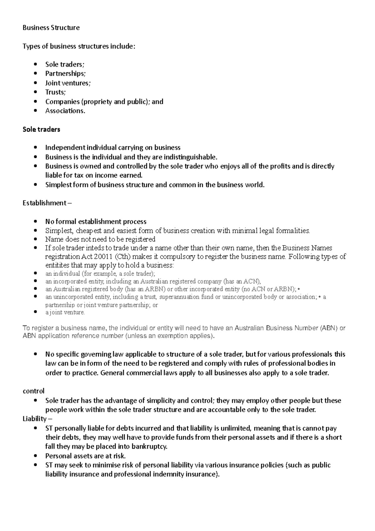 Notes on types of business structures and - LAW303 - USC - Studocu
