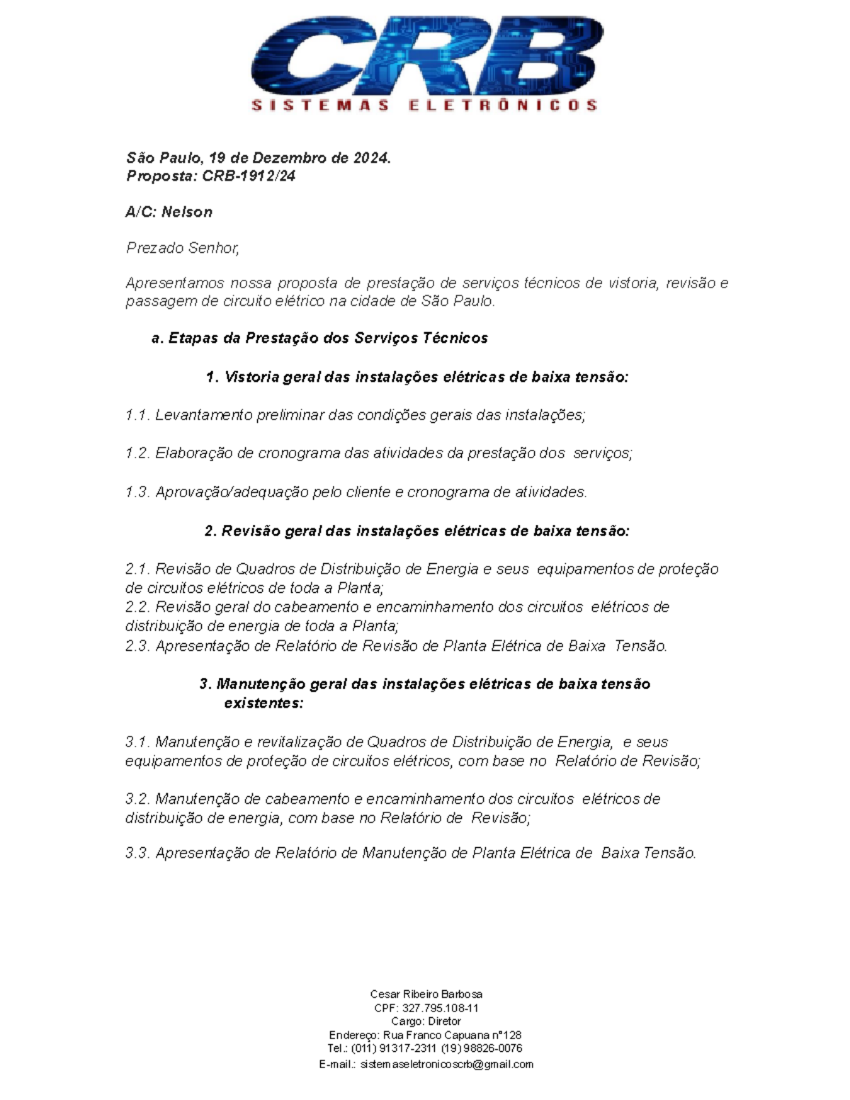 Proposta Comercial - São Paulo, 19 de Dezembro de 2024. Proposta: CRB ...