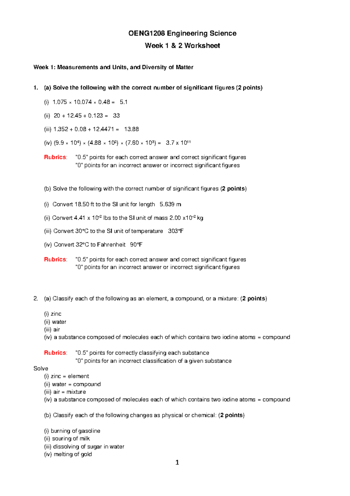 OENG1208 Engineering Science Worksheet: Weeks 1 & 2 - Measurements ...