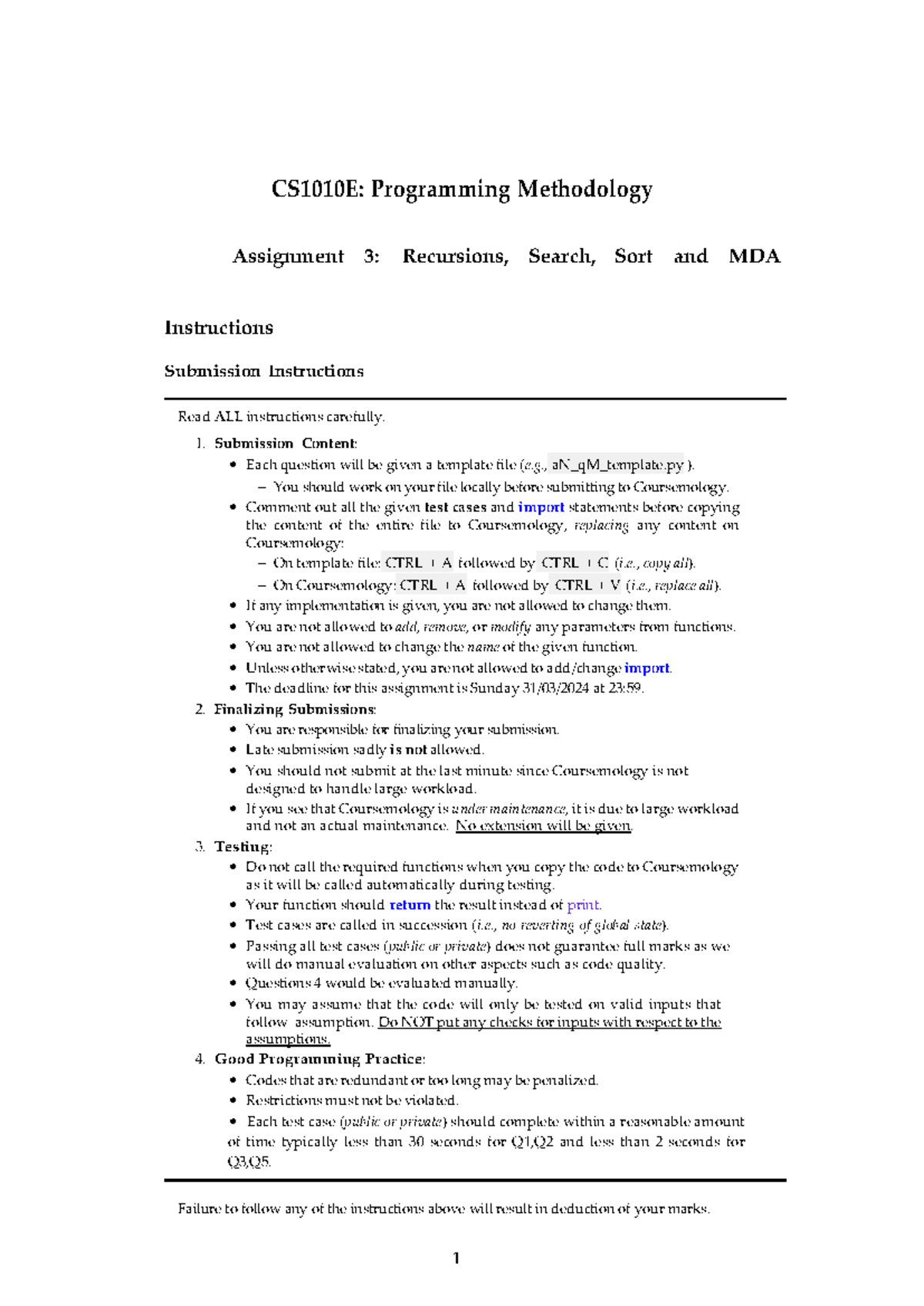 CS1010E: Assignment 3 - Recursion, Search, Sort, MDA Instructions - Studocu