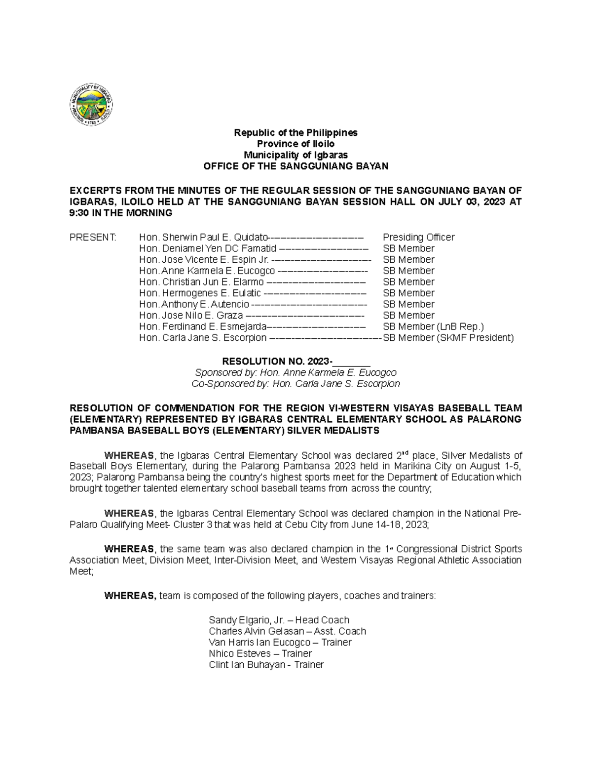 Resolution of Commendation for Region VI-WV Baseball Team (Elem) - Studocu