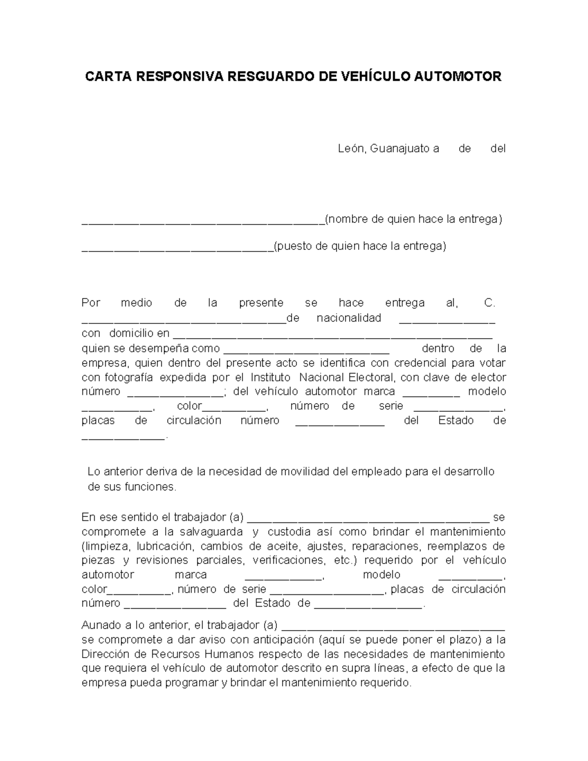 Formato de Carta Responsiva para Resguardo de Vehículo Automotor - Studocu