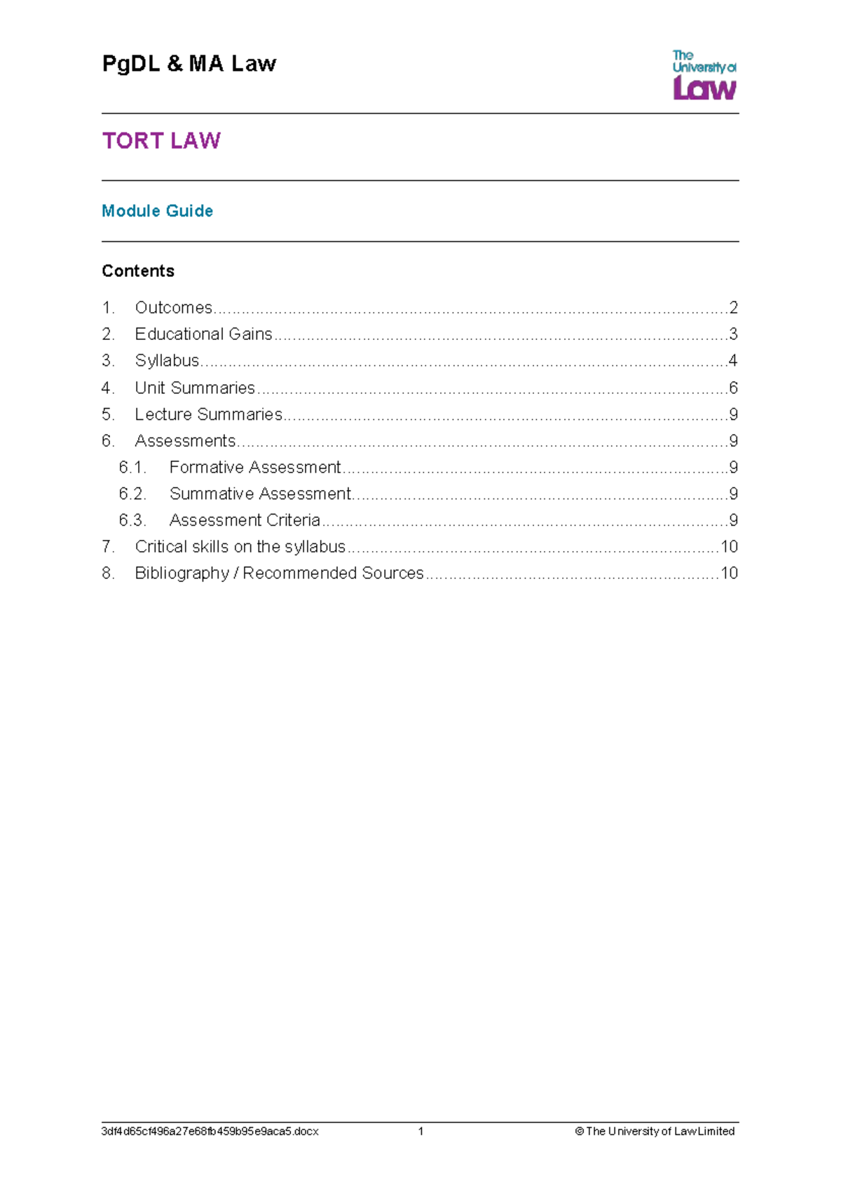 PgDL MA Law Tort law module guide and syllabus overview - Studocu