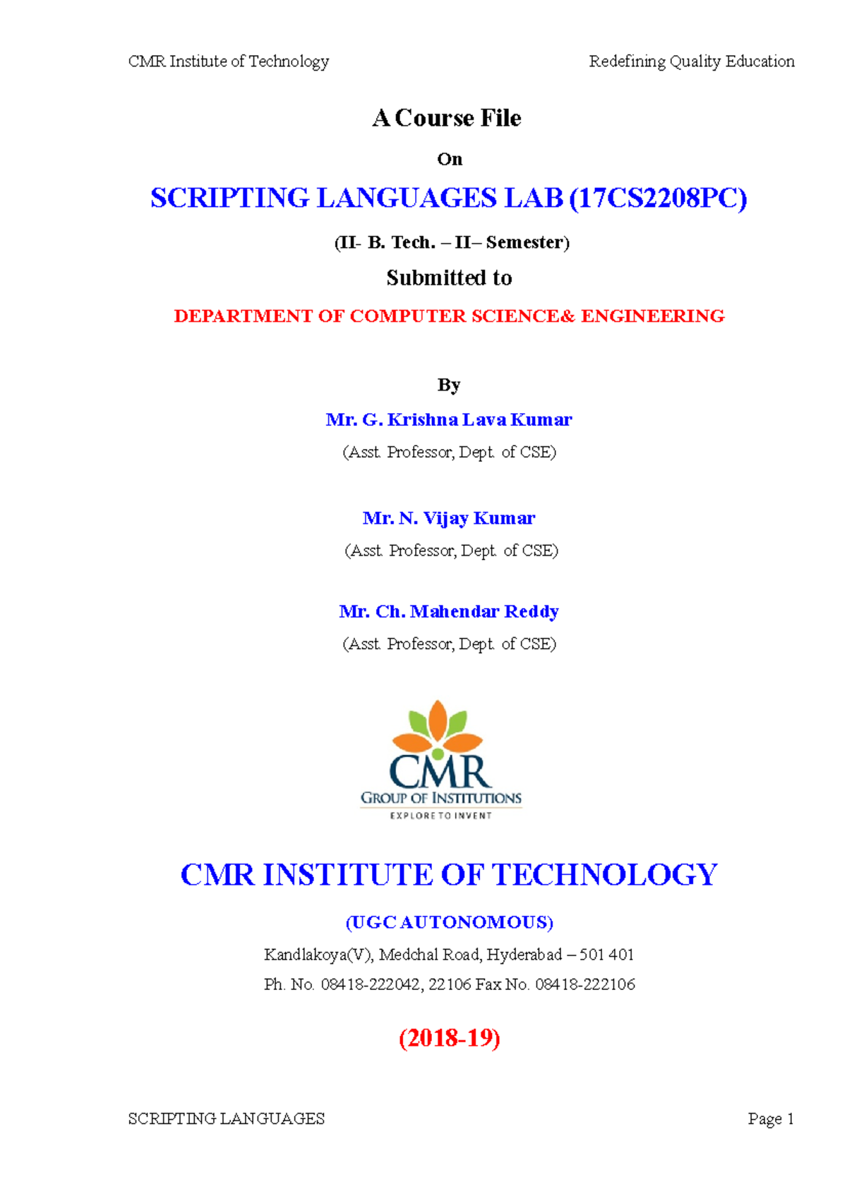 Scripting Languages Lab Manual 2018 19 A Course File On Scripting