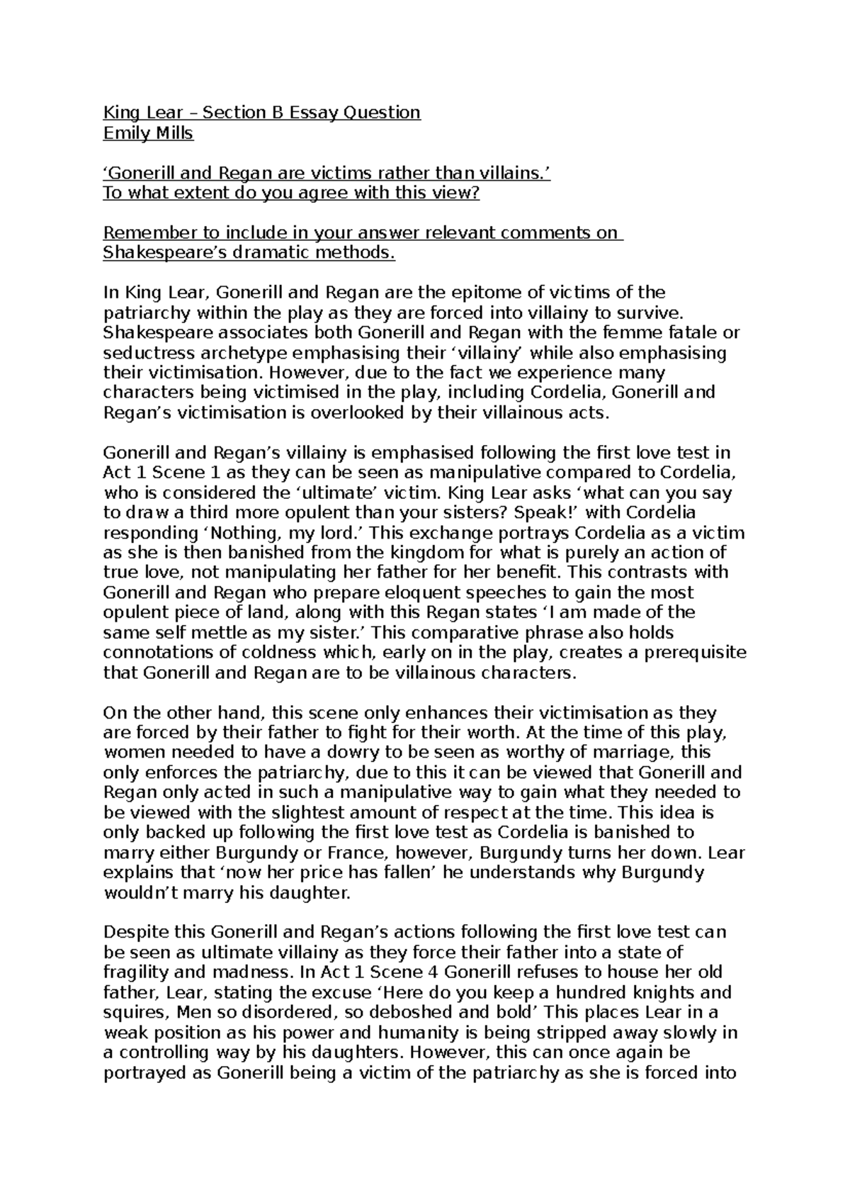 King Lear (ENG201) Section B Essay: Victims or Villains? - Studocu