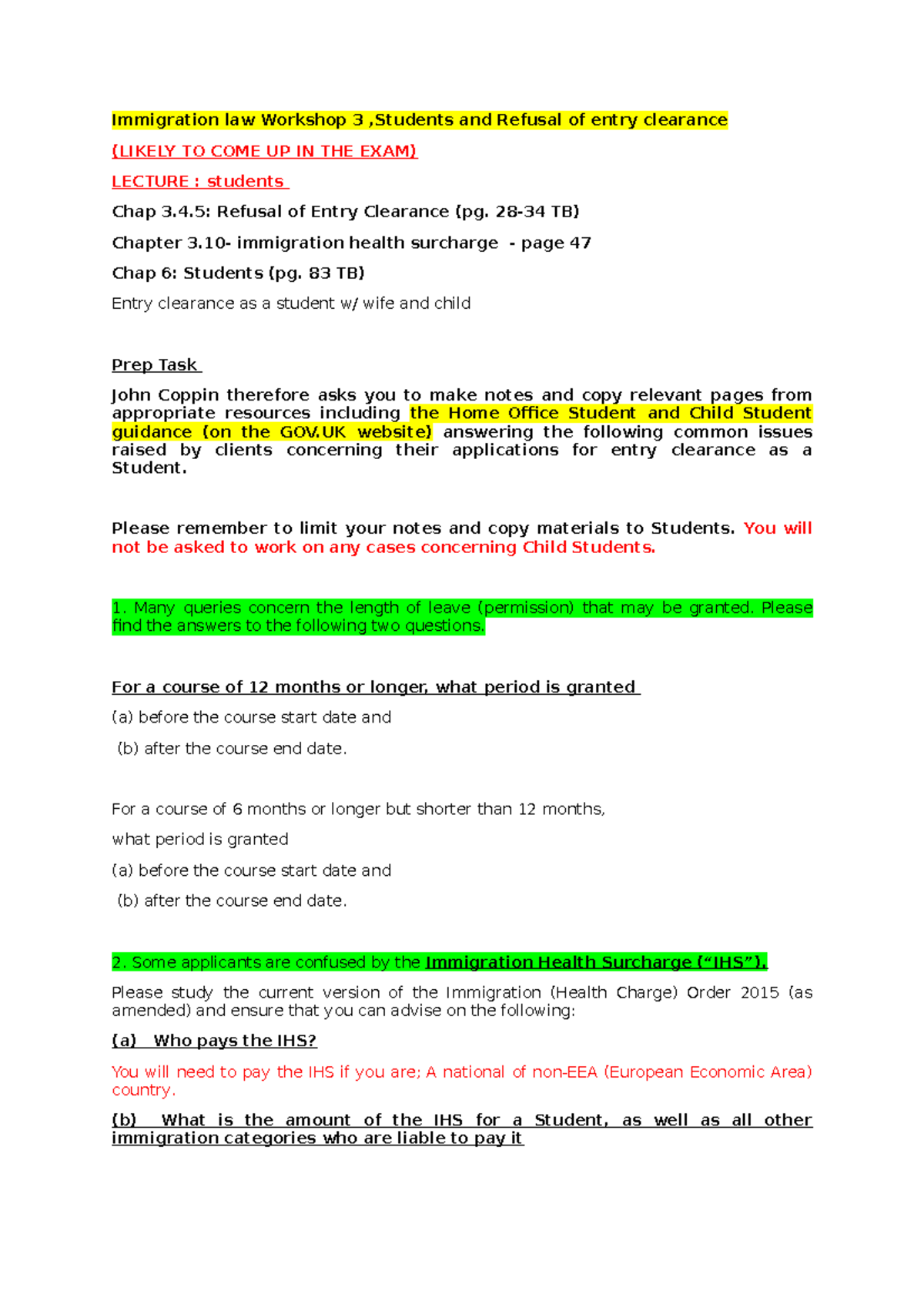 Immigration Law Workshop 3: Student Refusal of Entry Clearance Notes ...