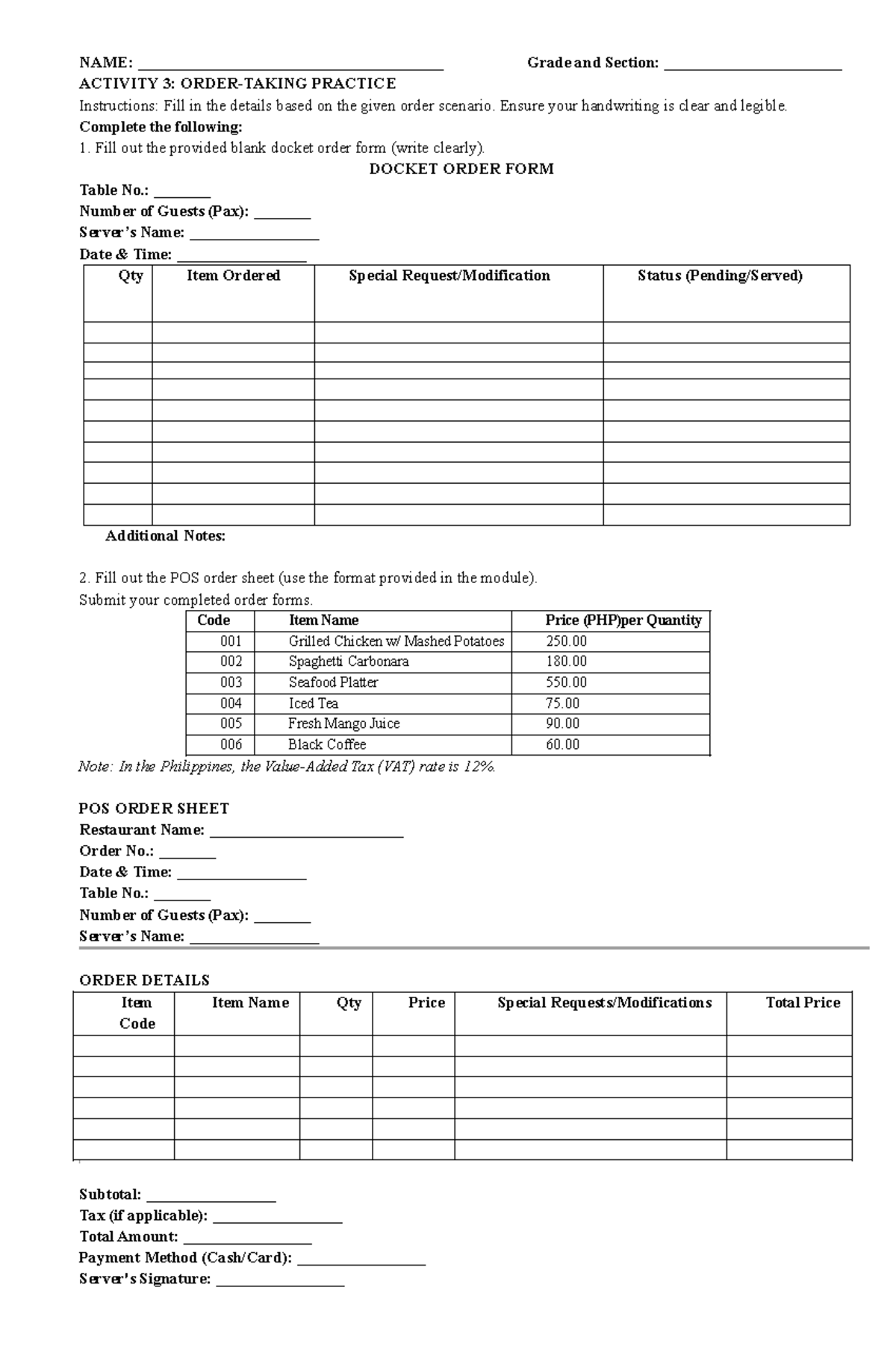 Worksheet - NAME: ______________________________________ Grade and ...