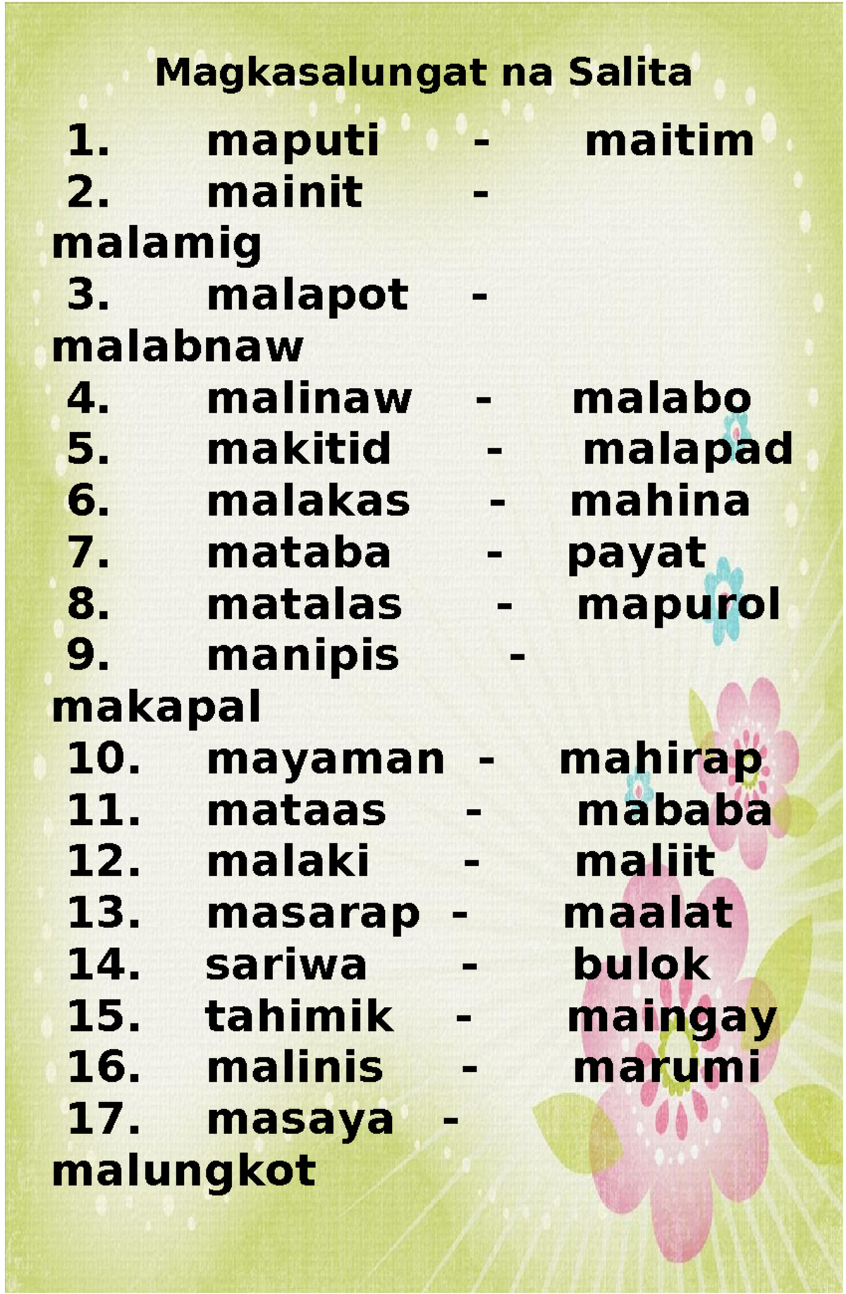 Salita at Kabaligtaran: Magkasalungat at Magkasingkahulugan - Studocu