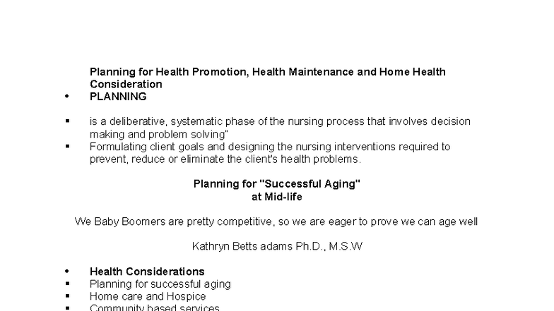Planning for Health Promotion and Successful Aging Strategies - Studocu