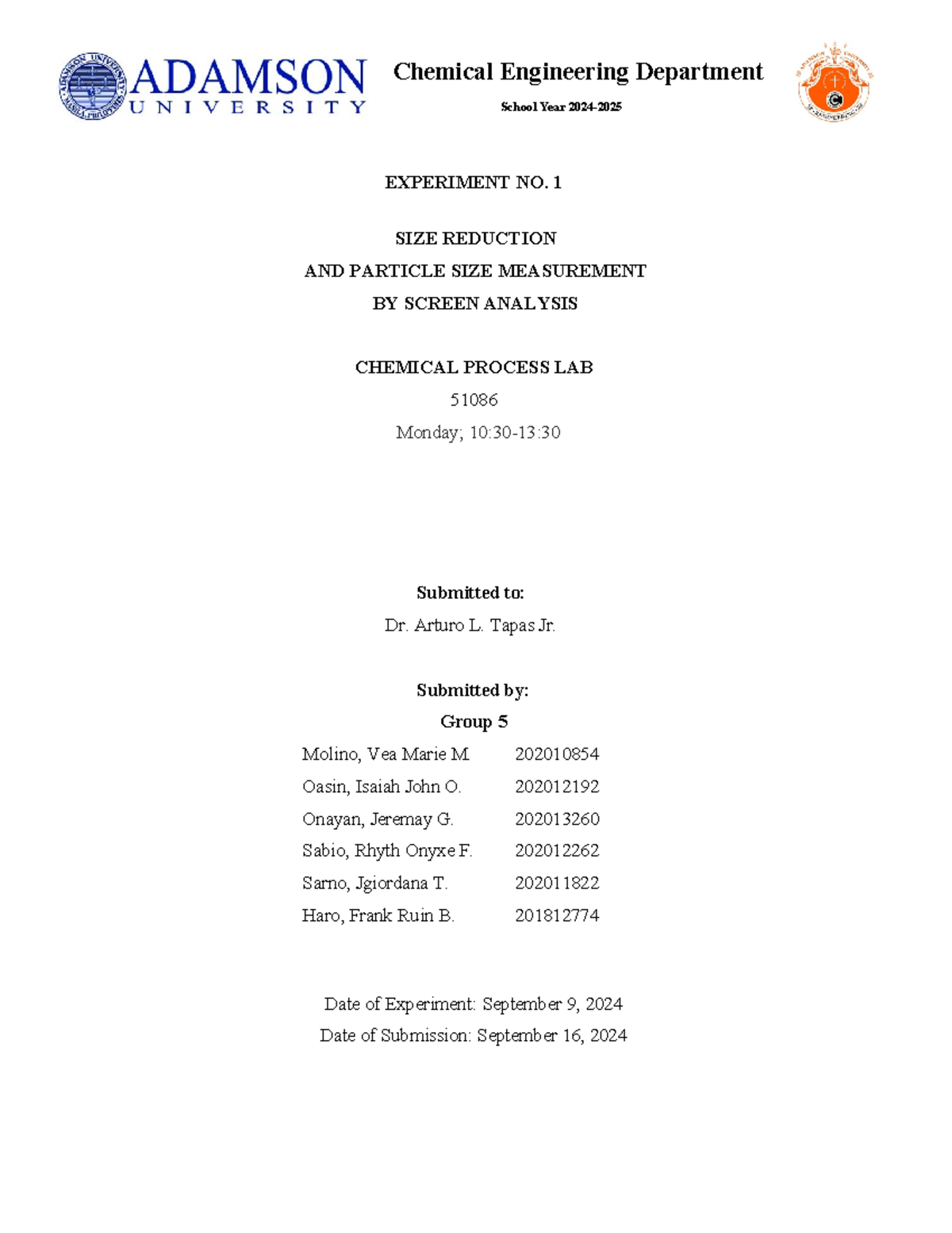 Size Reduction Experiment and Particle Size Measurement - CHEM 51086 ...