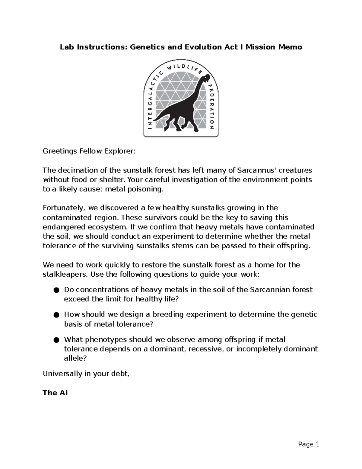 Lab Instructions: Genetics and Evolution Act I - Mission Memo - Studocu