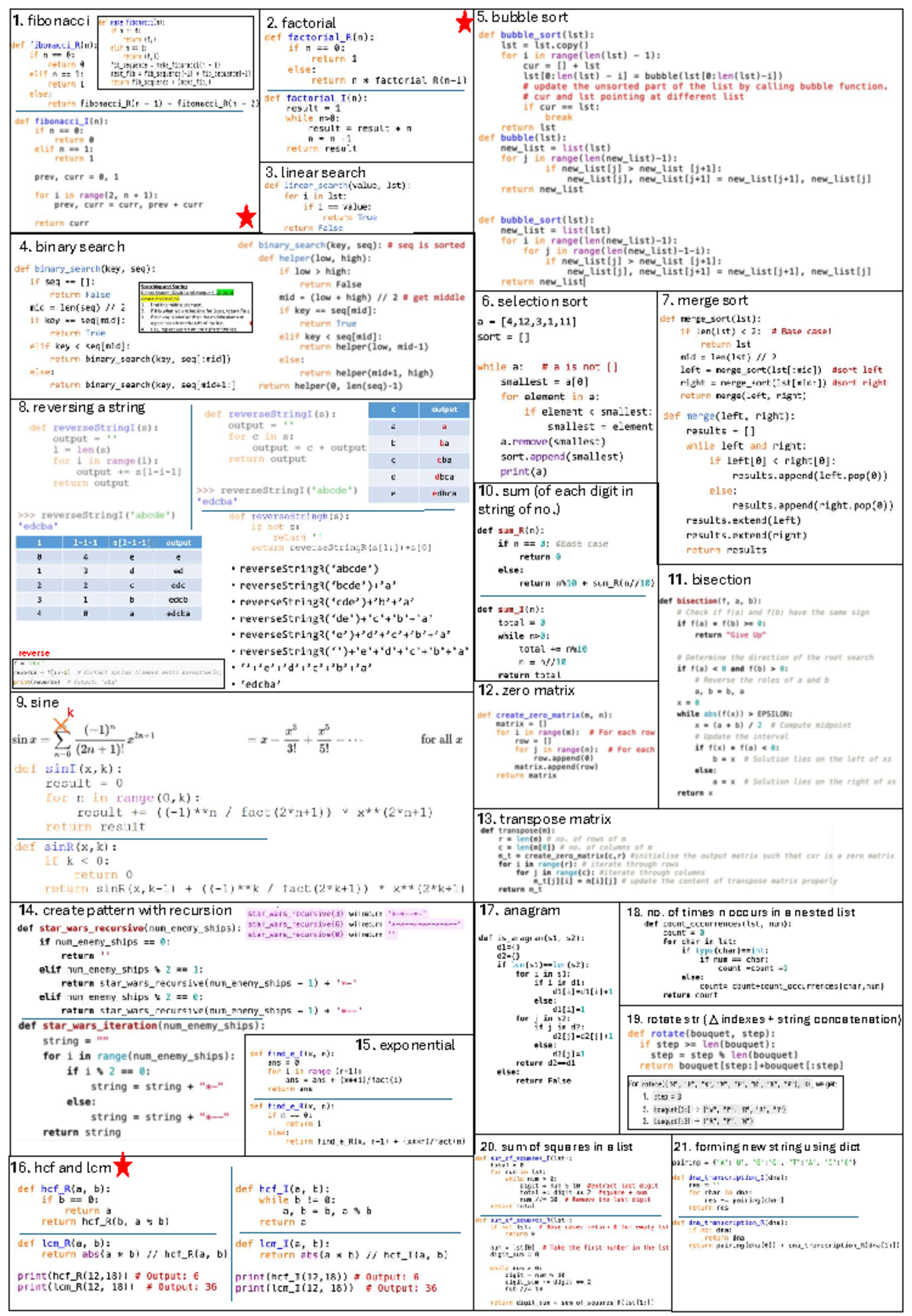 Cs1010e PE Cheatsheet - 1. fibonacci 2. factorial 4. binary search 5. bubble sort 11. bisection ...