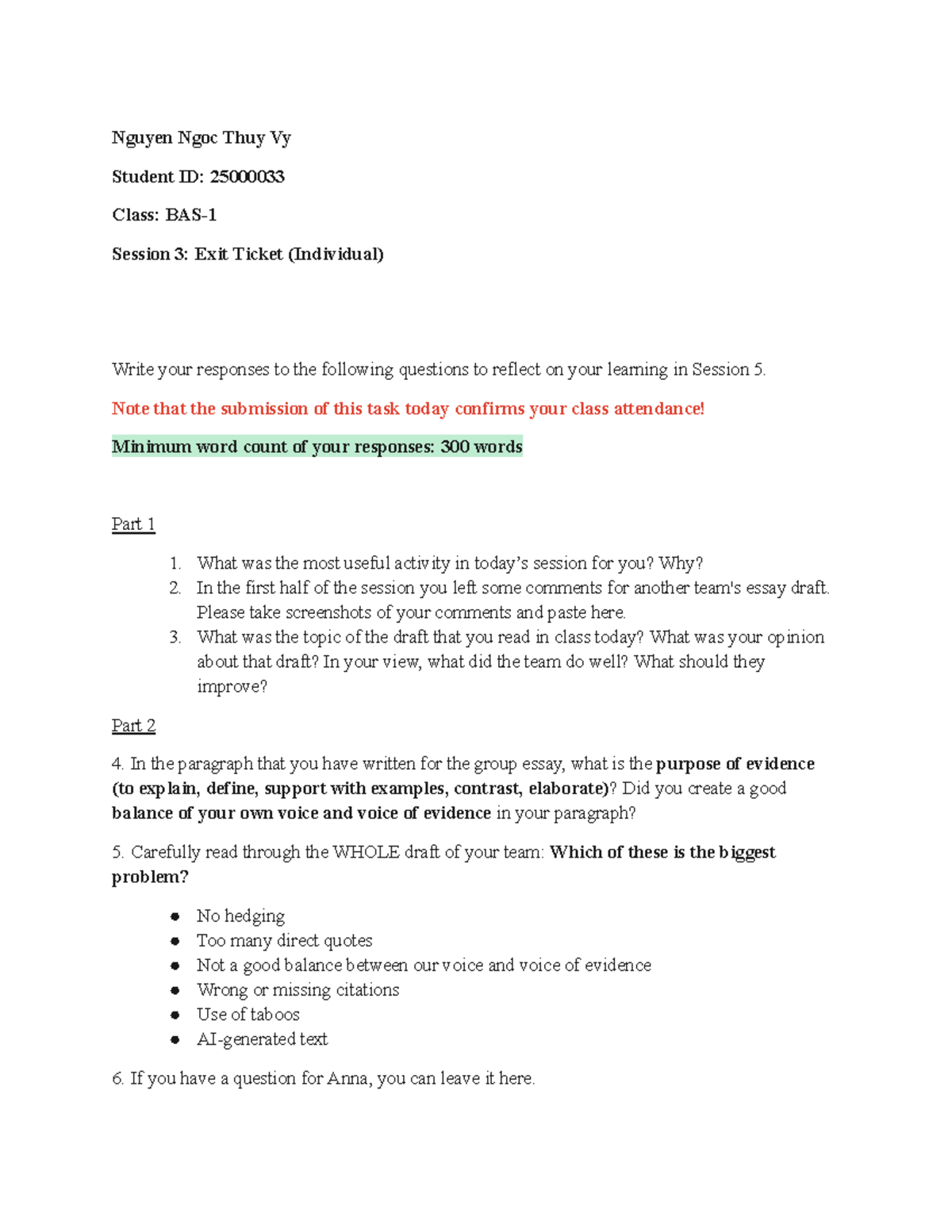 Session 5 Exit Ticket Reflection - Nguyen Ngoc Thuy Vy BAS1 - Studocu