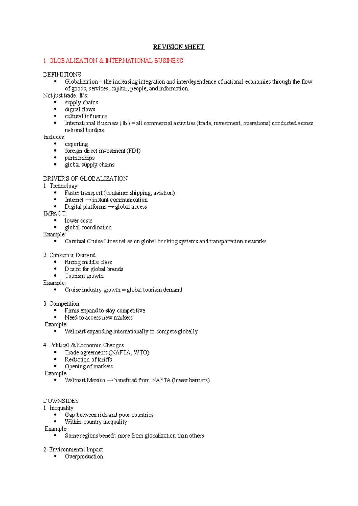 Revision Sheet 1: Globalization & International Business Concepts (MGMT ...