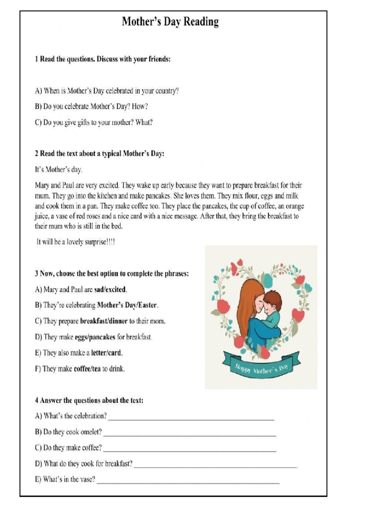 Mother's Day Celebration Reading Activities - READING 25 - Studocu