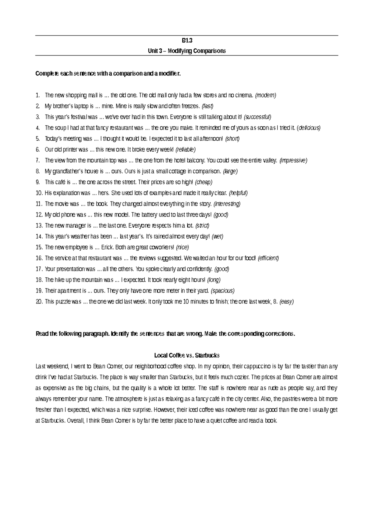 Comparisons - APREDNE Unit 3 Modifying Comparisons Exercises - Studocu