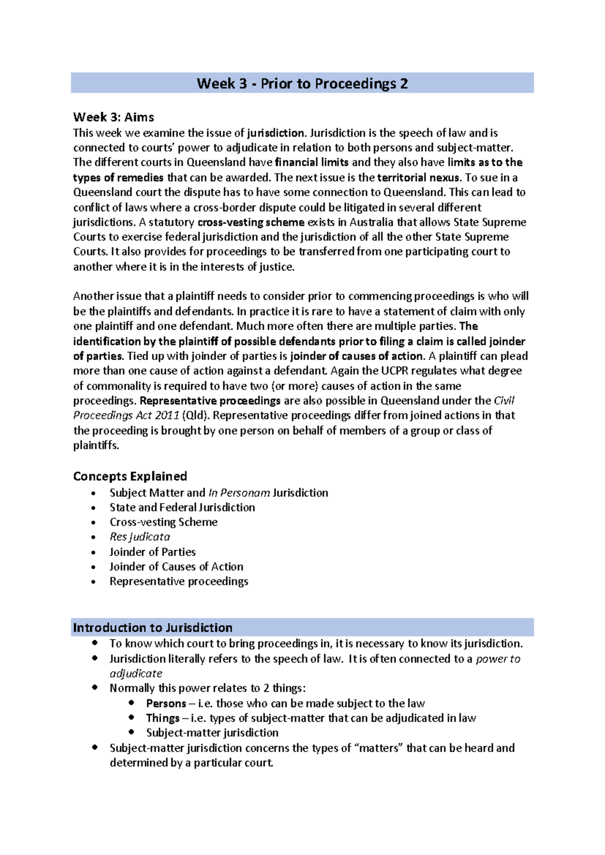 Week 3: Jurisdiction and Joinder of Parties in Queensland Law - Studocu