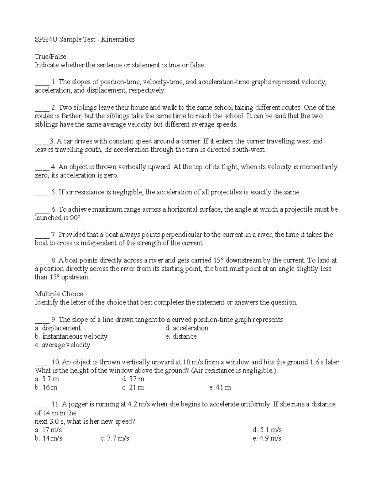 SPH4U Sample Test: Kinematics True/False & Multiple Choice Questions ...