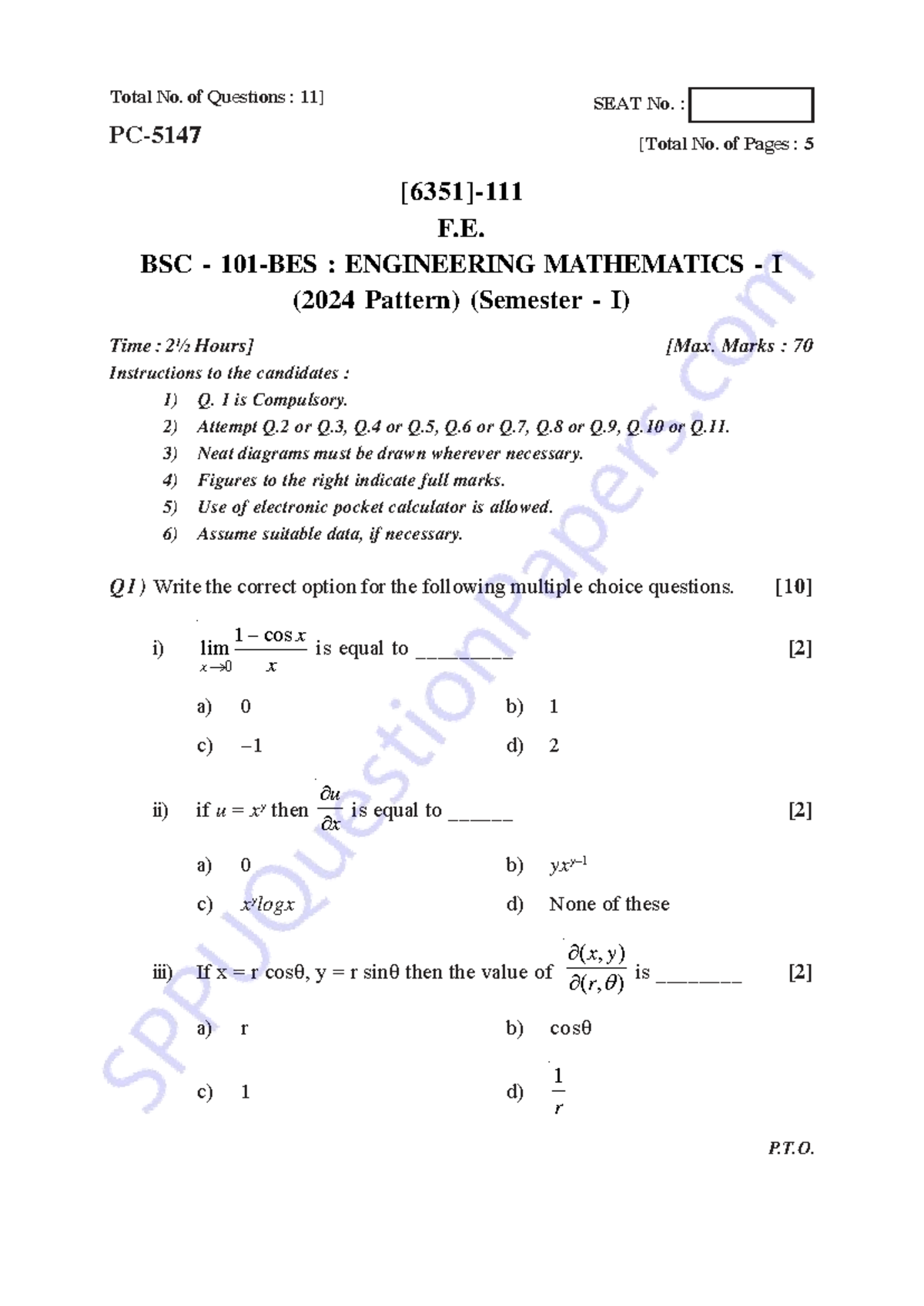 F.E. BSC: Engineering Mathematics I (2024 Pattern) Question Paper - Studocu