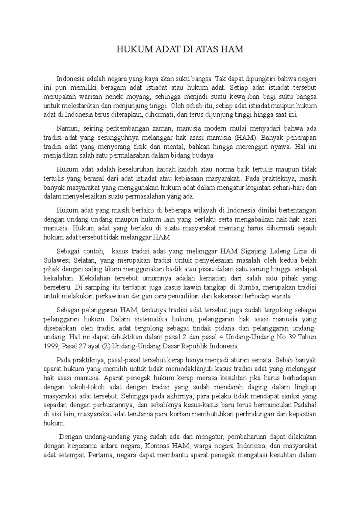 Hukum Adat vs HAM: Tinjauan Critical di Indonesia - Essay - Studocu