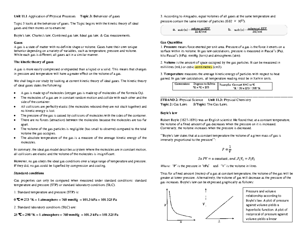 Chemistry Notes on Gas Laws. Draft 1 - Unit 11 Application of Physical ...