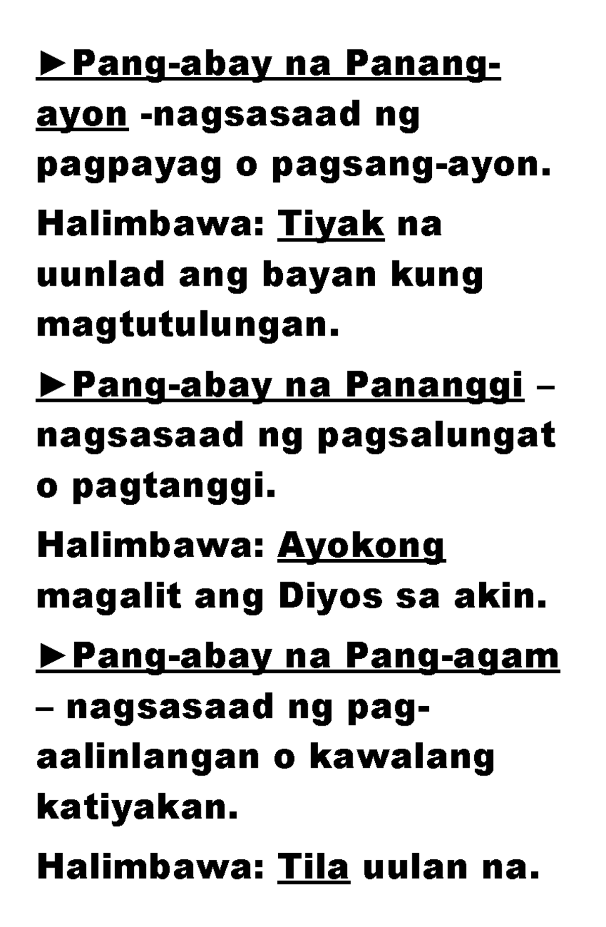 Pang-abay na Panang-ayon at iba pang Uri ng Pang-abay - Studocu