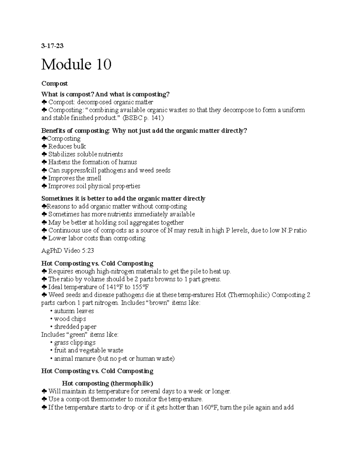 Soil Science Module 10 Notes - 3-17- Module 10 Compost What is compost ...